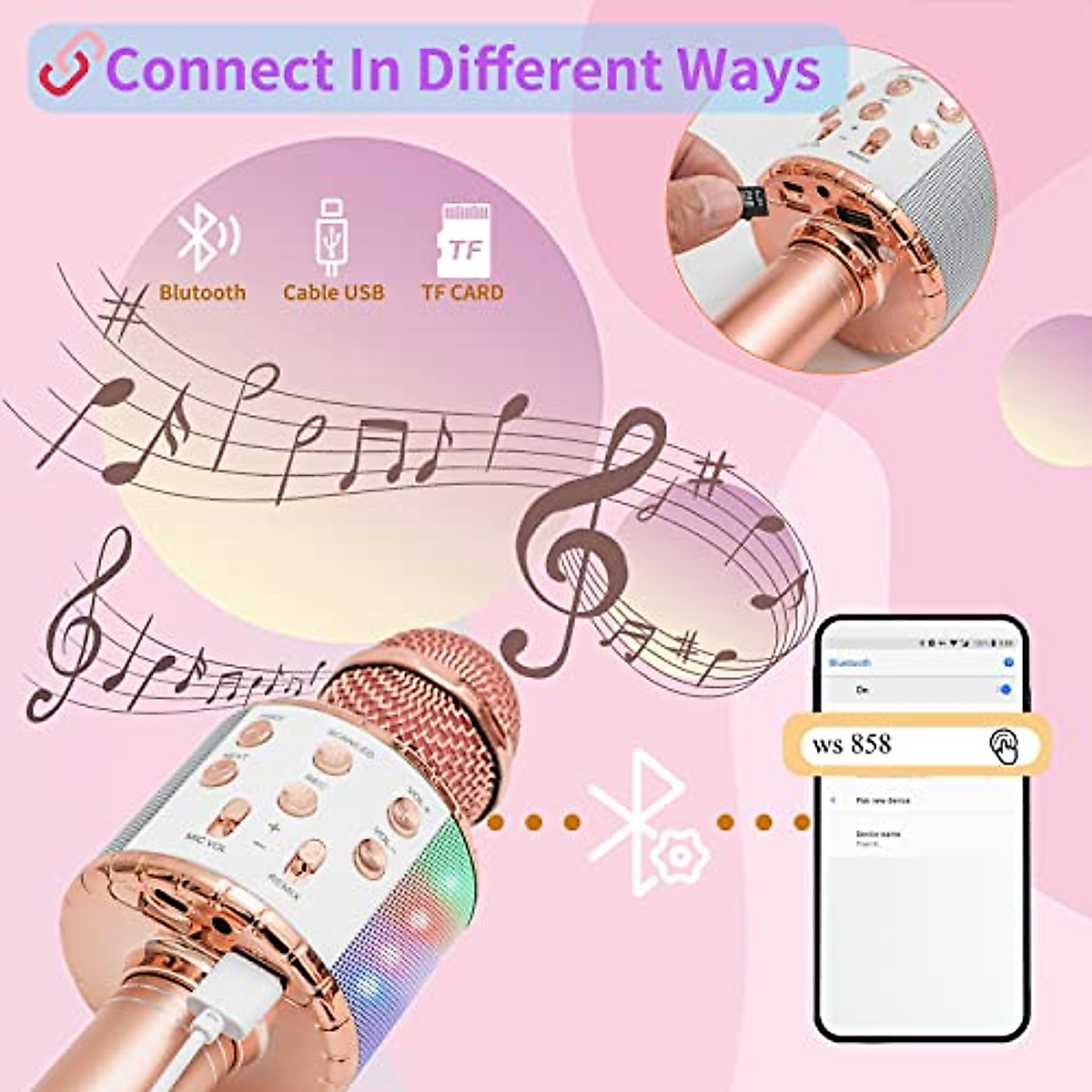 Alversun Wireless Karaoke Microphone for Kids, Bluetooth Karaoke Microphone Portable Handheld Singing Karaoke Mic Speaker Gifts for 3 4 5 6 7 Years Old Toys Girl Boy, Rose Gold