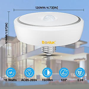 Bonlux PIR Motion Sensor LED Ceiling Light, 15W (150W Equivalent) E26 Medium Base Dusk to Dawn LED Ceiling Light Auto On/Off Night Light for Walkway Porch Garage Basement Patio, Daylight 6000K