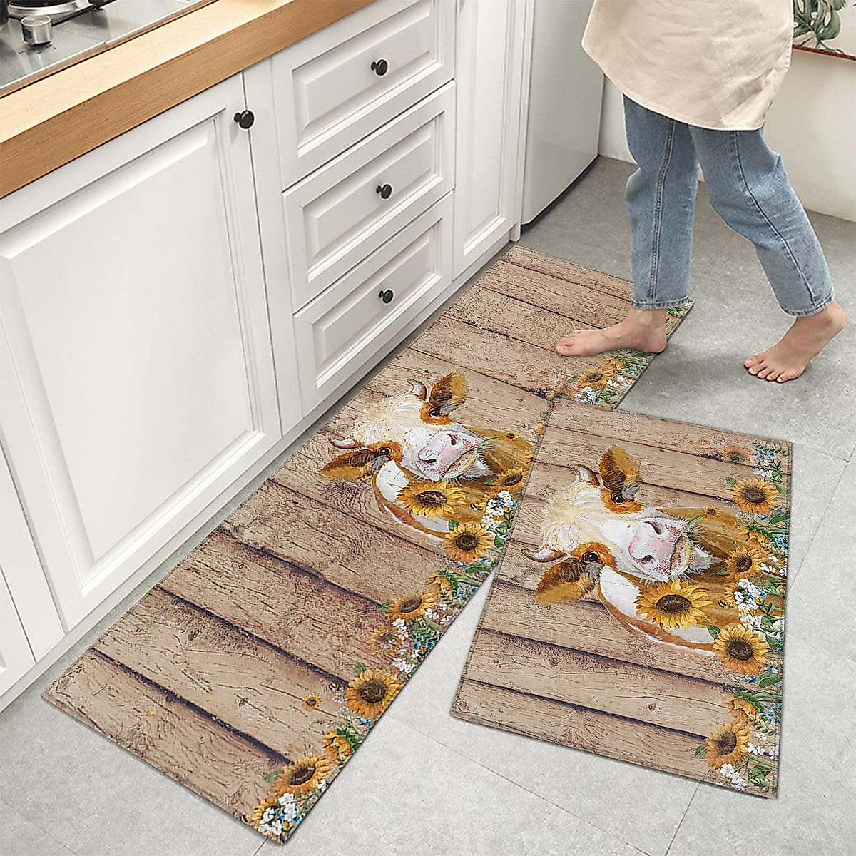 Set of 2 Non-Slip Kitchen Mat 2 Piece Sunflower Cow Comfort Standing Kitchen Mat Waterproof and Oil Proof Farmhouse Animals Cute Rustic Wood