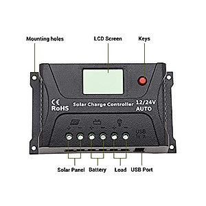 HQST 20Amp 12V/24V PWM Solar Charge Controller Regulator with LCD Display, USB-A Port, Compatible with Sealed, Flooded Lead-Acid Batteries