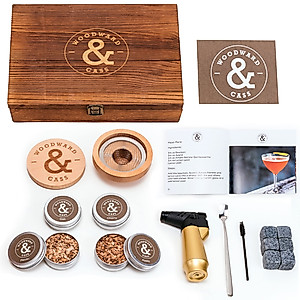 Woodward & Cass Whiskey Smoker Kit with Torch - 8 Piece Set - Drink Smoker Infuser Kit with Wood Box, Torch, Smoker, 4 Wood Chip Flavors, and Recipe Booklet - Bourbon Smoker Kit for Drinks
