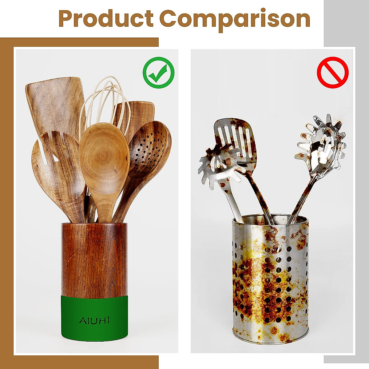 AIUHI Wood Cooking Utensil Holder for Countertop,Teak Crock Organizer Caddy, Wooden Holder for Kitchen Utensils,for Spoons Spatula Straw Cutlery Accessories Utensils Storage (Green)