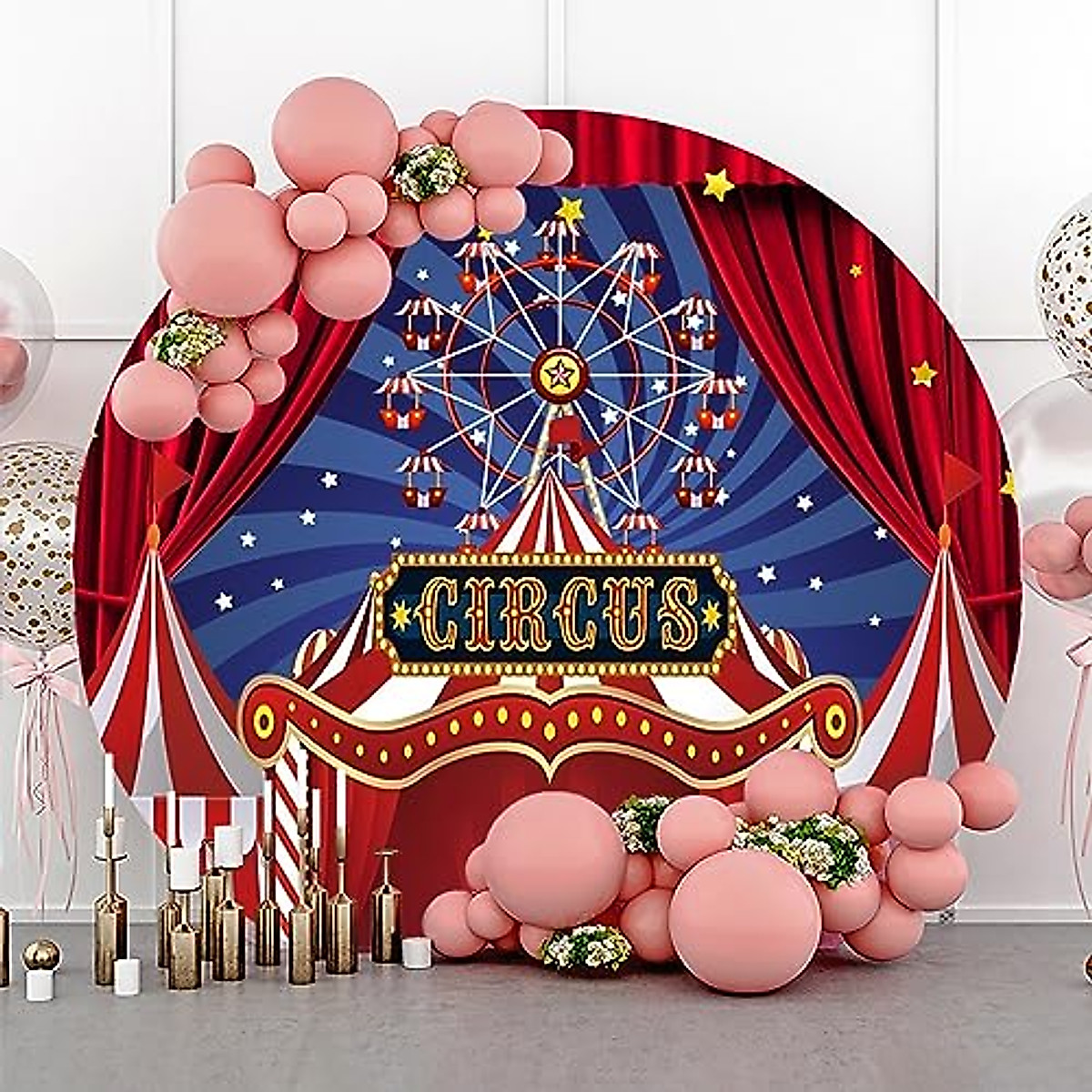 AWERT Polyester Diameter 3ft Round Circus Backdrop Red Circus Tent Curtains Ferris Wheel Photography Backgrounds Kids Circus Theme Birthday Party Baby Shower Decoration Supplies