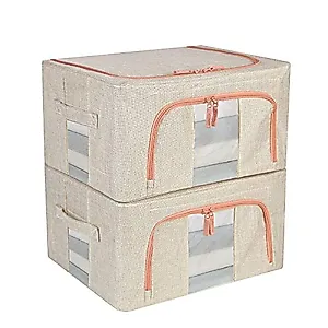 TOUCH-RICH Storage Bins Foldable with Window & Carry Handles Linen Fabric Collapsible Storage Boxes Organizer Set Stackable Containers for Home Bedroom Office Closet Nursery (Beige)