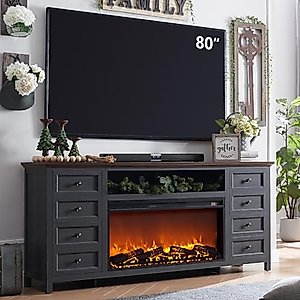 SinCiDo Fireplace TV Stand for TVs up to 80 Inches, Farmhouse Entertainment Center w/36 Electric Fireplace & 4 Faux Double Drawers, Large Media Console Cabinet for Living Room, 70 Inch, Dark Grey