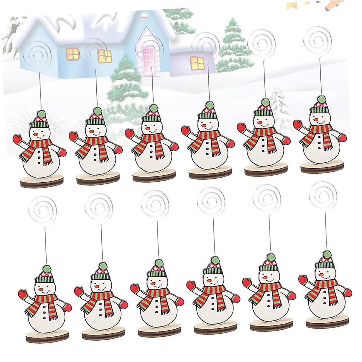 DOITOOL 12Pcs Christmas Place Card Holders, Christmas Wood Place Card Holders with Swirl Wire, Christmas Snowman Note Photos Stand for Xmas Party Wedding Party Decoration (Snowman)