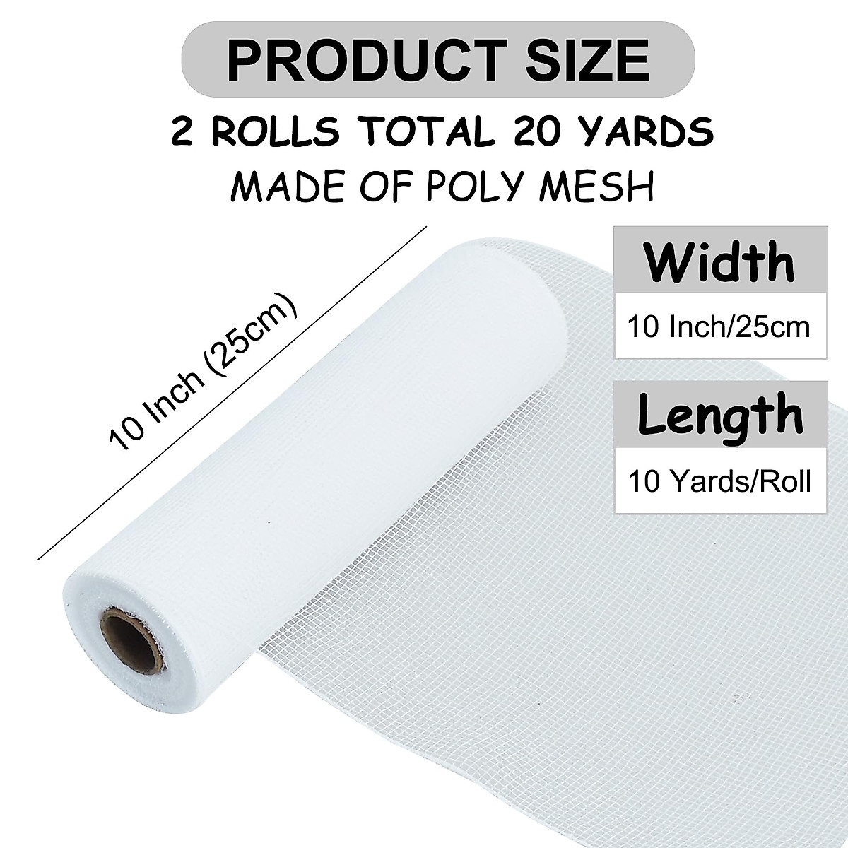 TONIFUL 2 Rolls 10 Inch White Decorative Mesh Ribbbon Rolls, Fabric Mesh for Mesh Wreath Supplies, Front Door Wreath Crafts Tree Decor Christmas NewYears Halloween Decoration (10 yds/roll)