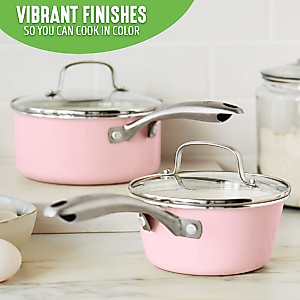 GreenLife Artisan Healthy Ceramic Nonstick, 1QT and 2QT Saucepan Pot Set with Lids, Stainless Steel Handle, Induction, PFAS-Free, Dishwasher Safe, Oven Safe, Pink