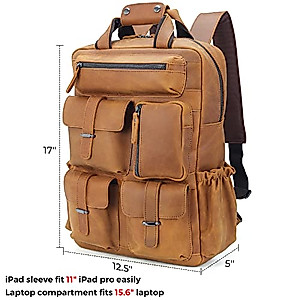 Cowhide Leather Multi Pockets 16 Inch Laptop Backpack Day Pack Travel Bag (Light Brown(Updated Version))