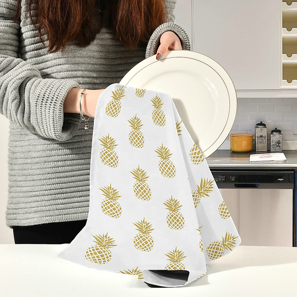 ALAZA Gold Pineapple on White Kitchen Towels Dish Bar Tea Towel Dishcloths 1 Pack Super Absorbent Soft 18 x 28 inches