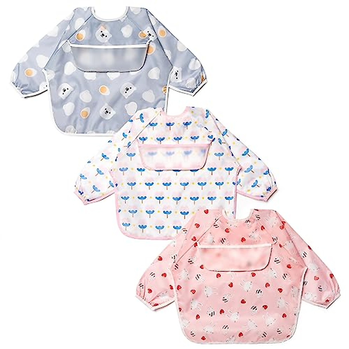 3 Pcs Long Sleeved Bib Set | Baby Waterproof Bibs with Pocket Bundle | Toddler Bib with Sleeves and Crumb Catcher | Stain and Odor Resistance Play Smock Apron - Pack of 3 | 6-24 Months