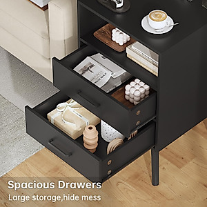 Diliplain Nightstand with Charging Station, Black Night Stand with LED Lights, Modern Side Table with Drawers and Open Shelf, End Table with Solid Wood Legs for Bedroom