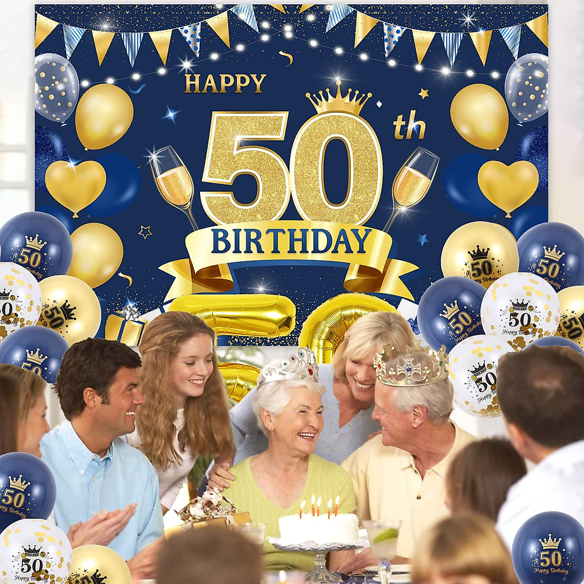 Navy Blue 50th Birthday Decorations Happy 50th Birthday Backdrop Decorations for Men Happy 50th Birthday Yard Banner Backdrop 50th Anniversary Birthday Supplies for 50 Year Old Cheers to 50s Party
