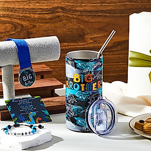 Sieral Set of 4 Christmas Big Brother Gift 14 oz Big Brother Tumbler with Straw Big Bro Medal with Lanyard New Big Brother Bracelet Inspirational Card for Little Boys of New Baby Birthday(Dinosaur)