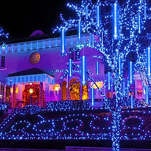 TAO XIANG QI 288 LED Christmas Lights Meteor Shower Rain Lights Outdoor Decor,8 Tube 12.2 Inch Waterproof Plug in Falling Rain Fairy String Light Christmas Decor Outdoor Tree Holiday Party Home(Blue)