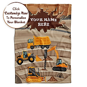 Personalized Blanket for Kids | Construction Truck Blanket | Fleece Throw for Boys and Girls | Kids & Toddlers | Tonka Bulldozer Dump Truck Loader Excavators (50x60 Fleece, V4)