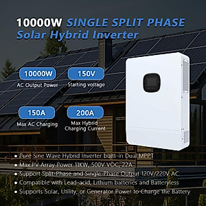 Y&H 10KW 48V Solar Hybrid Inverter Split-Phase 240V/Single-phase 120V Connection,200A MPPT Solar Charge,Pure sine Wave Output,BMS Activation,Peak Cutting and Valley Filling for Home Energy Storage
