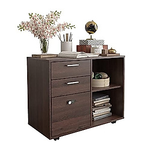 TFXATFX Brown Oak Drawer Wood File Cabinet with Coded Lock Mobile Lateral Filing Cabinet Printer Stand with Open Storage Shelves for Home Office Modern Popular Wood Grain