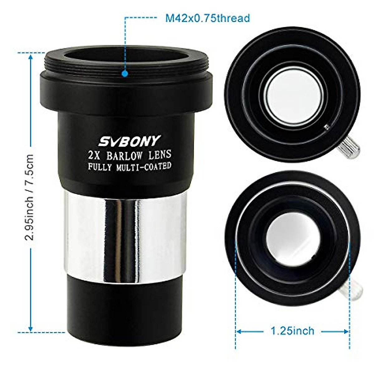 SVBONY 2X Barlow Lens 1.25 inch Double The Magnification Multi Coated Broadband Green Film Telescope Accessory with M42 Thread