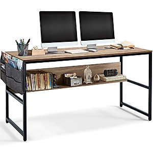 LINSY HOME Computer Desk with Shelves, 55 Inch Work Table for Home Office, Laptop Table with Storage Bag for 2 Monitor, Rustic Oak Finished