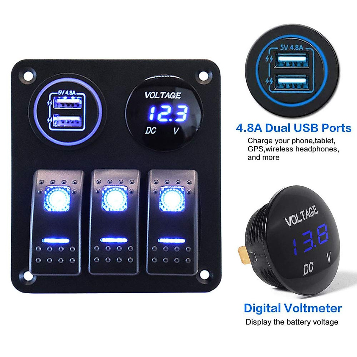 3 Gang Waterproof Marine Boat Rocker Switch Aluminum Panel, DC 12V/24V 5 Pin ON-Off Switch, with Upgrade Arc LED Digital Display Voltmeter and 4.8A Dual USB Slot Socket for Boat Car Rv Vehicles Truck