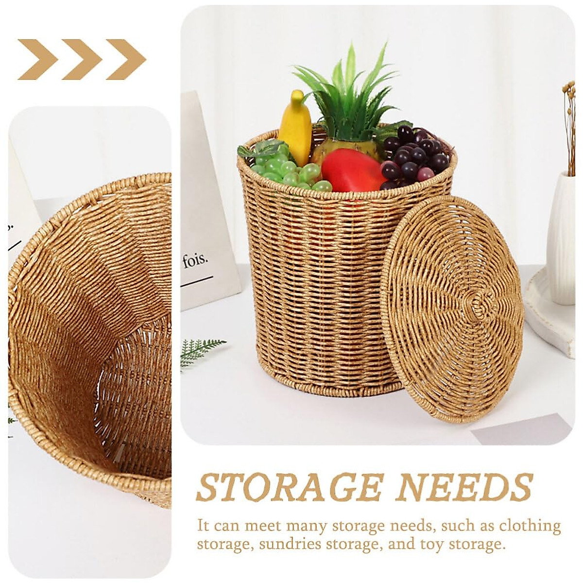 ABOOFAN Wicker Trash Can with Lid Plastic Woven Storage Laundry Hamper Baskets Round Rubbish Wastebasket Garbage Bin for Bedroom Bathroom Kitchen Home Office