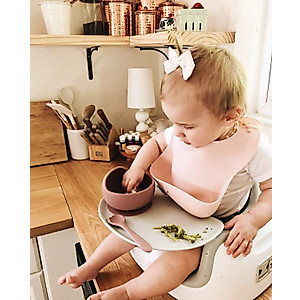 Ali+Oli Silicone Suction Bowl and Spoon Set (Blush, Original) - Unbreakable Suction Bowls for Baby 6 Months and Up, Self Feeding Baby Utensils, First Stage Baby Feeding Supplies