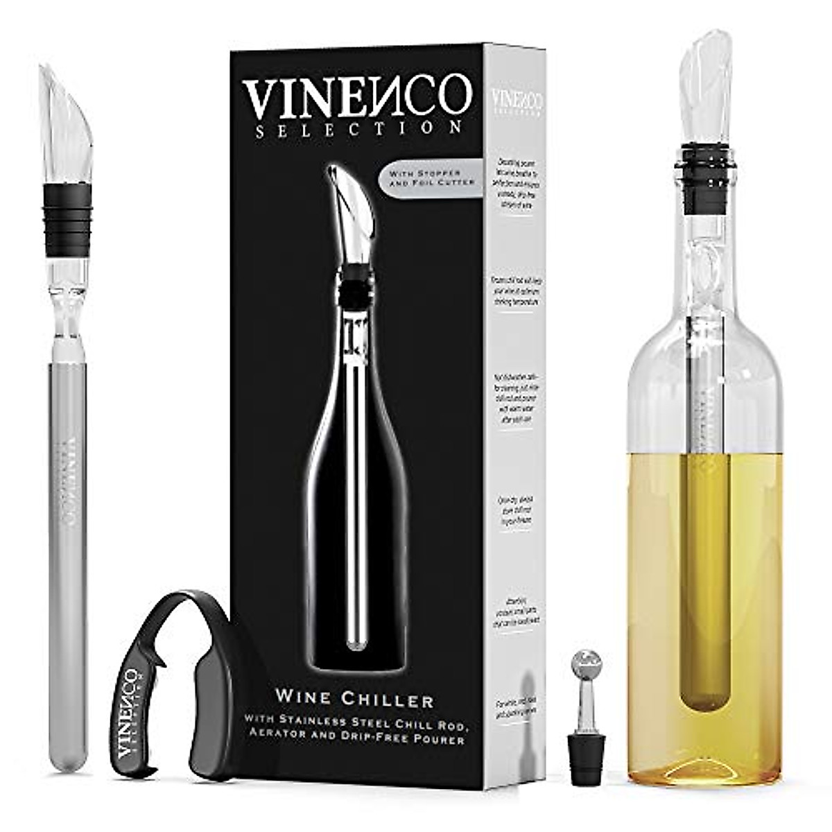 Wine Chiller Set + Foil Cutter, Stopper, Pouch, Ebook - Premium 3-in-1 Stainless Steel Bottle Cooler Stick Chill Rod, Decanting Aerator & Drip-Free Pourer | Design Bar Tasting Accessory Gift Men Women
