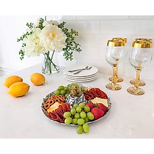 Arthur Court Aluminum Metal Grape Pattern Tidbit Cheese Hors d'oeuvres Tray with Glass for Toothpick - Entertaining Small Platter 10 inch Diameter x 2.25 inch Tall