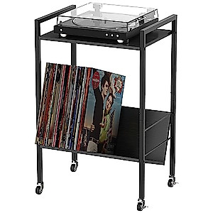 YBING Record Player Stand Black Record Player Table with Storage Up to 80 Albums Turntable Stand with Record Storage with Metal Frame and Wheels for Living Room Bedroom Office