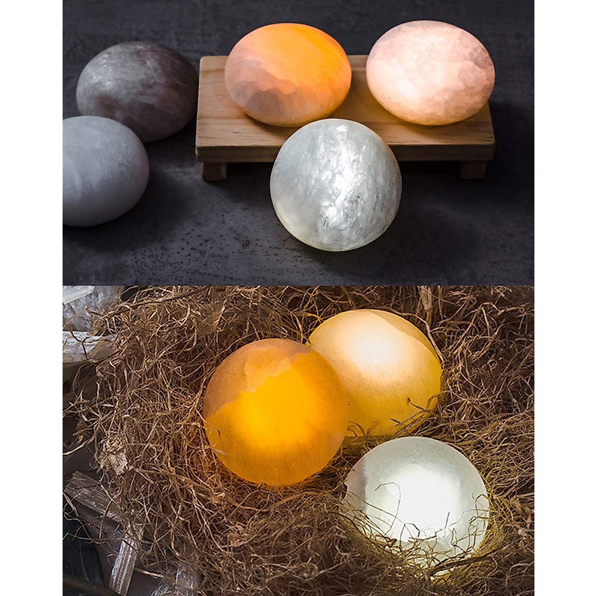 MIYA LIFE USB Rechargable Tap Lights, Hand Carved from Natural Selenite Stone, with LED Dimmer Switch (White/Warm/Yellow), Decoration for Cabinets/Closets/Bedroom Lights (Selenite Lights)