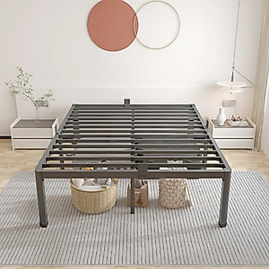 ROIL 14 inch California King Size Bed Frame Metal Platform No Box Spring Needed with Headboard Hole Round Corner Legs Mattress Retainers 3500LBS Heavy Duty Steel Slats Noise-Free Storage