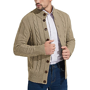 NITAGUT Mens Long Sleeve Stand Collar Cardigan Sweaters Button Down Cable Knitted Sweater,Khaki,Large