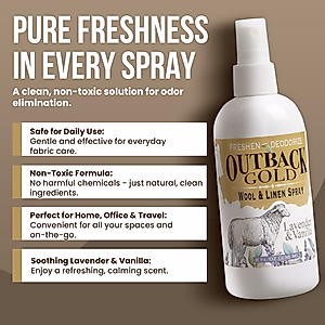 Outback Gold - Wool Cashmere Spray, Linen Sprays for Pillows and Sheets, Bed Spray Freshener & Deodorizers for Home, Lavender & Vanilla Fabric Sprays, Natural Fabric Freshener - 8 Fl Oz