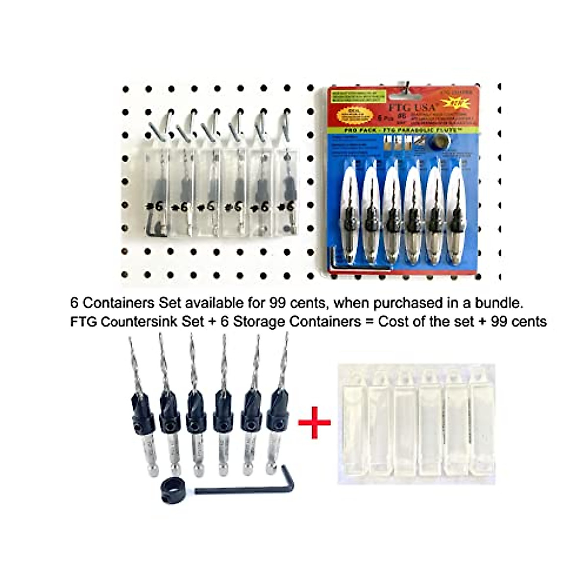 FTG USA Countersink Drill Bit Set 6 Pc #6 (9/64") Parabolic Flute Wood Countersink Drill Bit, Pro Pack Countersink Bit, Tapered Drill Bits for Countersink with 1 Depth Stop Collar and 1 Hex Wrench