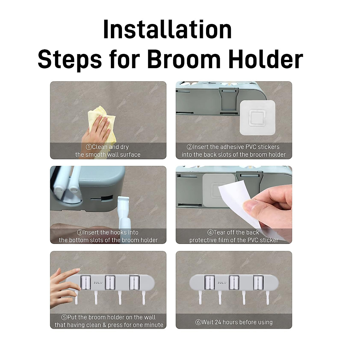 Bntyok Broom Holder with 3 Slots & 4 Hooks Heavy Duty Garden Tool Organizer Broom Hanger Wall Mount for Home Laundry Room Kitchen Closet Shed Garage Organization and Storage - Grey