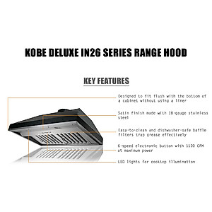 KOBE IN2648SQB-1100-5A Deluxe 48" Built-In/ Insert Range Hood, 6-Speed, 1100 CFM, LED Lights, Baffle Filters, Stainless steel