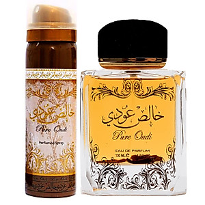 Lattafa Perfumes Pure Oudi (Khalis Oudi) 2 Piece Set for Unisex (3.4 Ounce Eau de Parfum Spray + 1.7 Ounce Perfumed Body Spray)