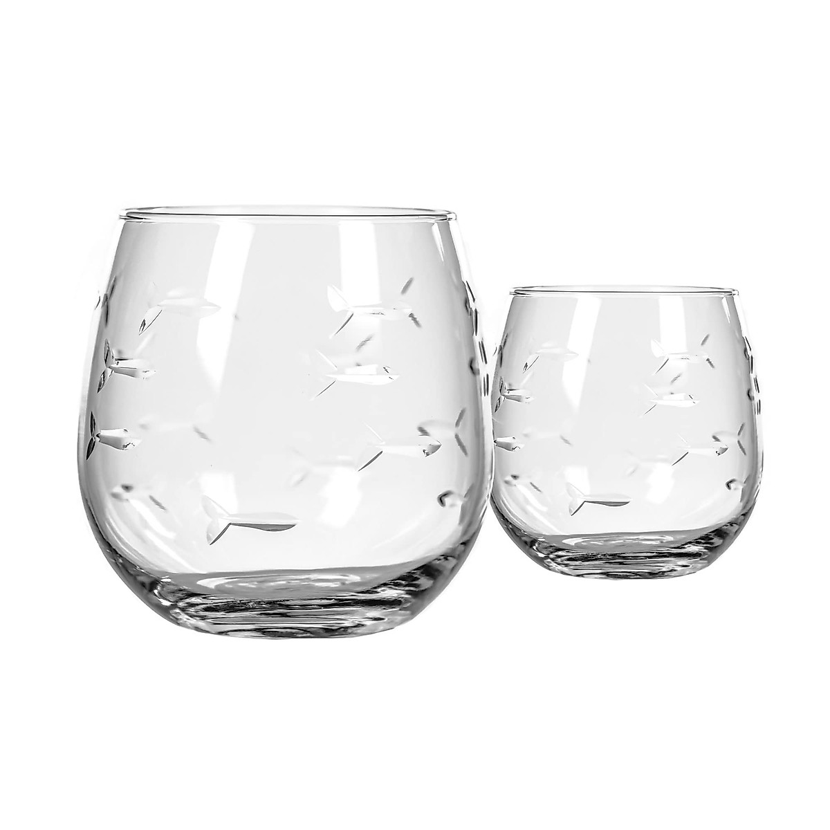 Rolf Glass School of Fish Stemless Red Wine Glass 16.75 oz | Made in the USA | Tumbler Wine Glasses | Lead-Free | Etched Stemless Wine Glasses (Set of 2)