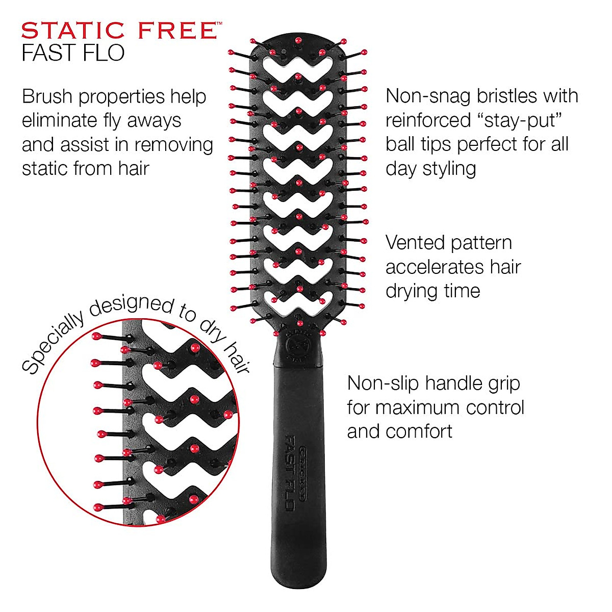 Cricket Static Free Fast Flo Vent Hair Brush - Quick Blow Drying, Easy Styling, and Tangle-Free Detangling for All Hair Types, Long, Short, Thick, Thin, Curly, Straight, and Wavy