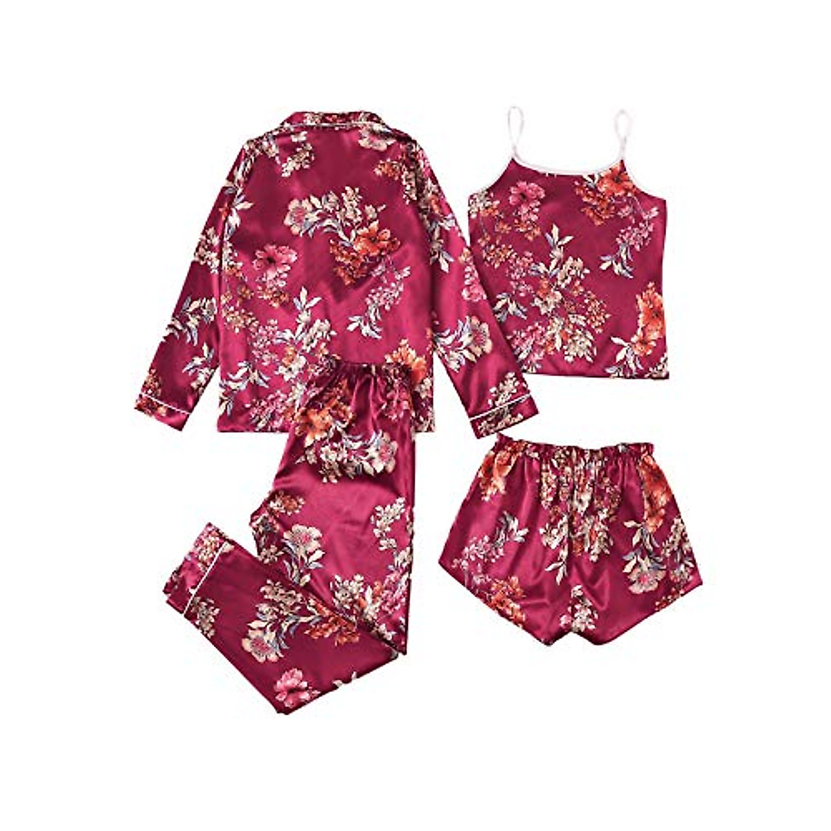 WDIRARA Women's Silk Satin Pajama Set 4 Pieces Sleepwear Loungewear Pj Sets Burgundy M
