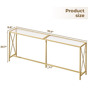 SUPERJARE 70 Inch Console Table with LED Light Strips, Gold Entryway Table with Tempered Glass, Sofa Table, Hallway Table for Entryway, Rubber Pads, for Living Room, Front Door, Gold