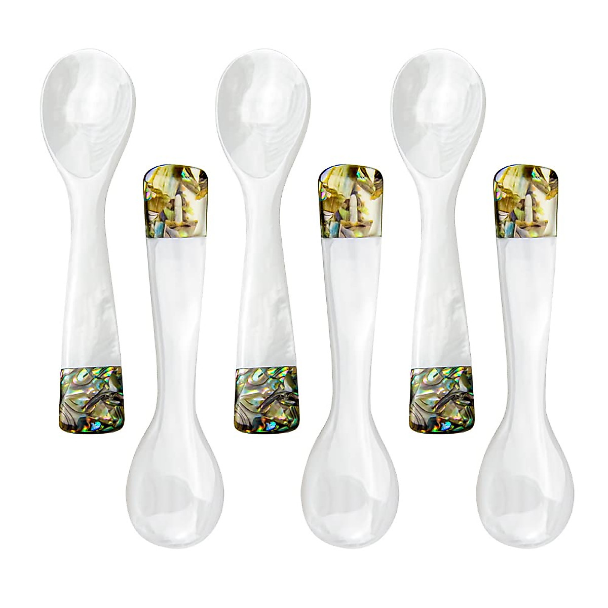 DUEBEL Set of 6 Mother of Pearl MOP Caviar Spoons with Green Abalone Decoration for Caviar, Egg, Icecream, Coffee Serving (White, 9x2.4cm)