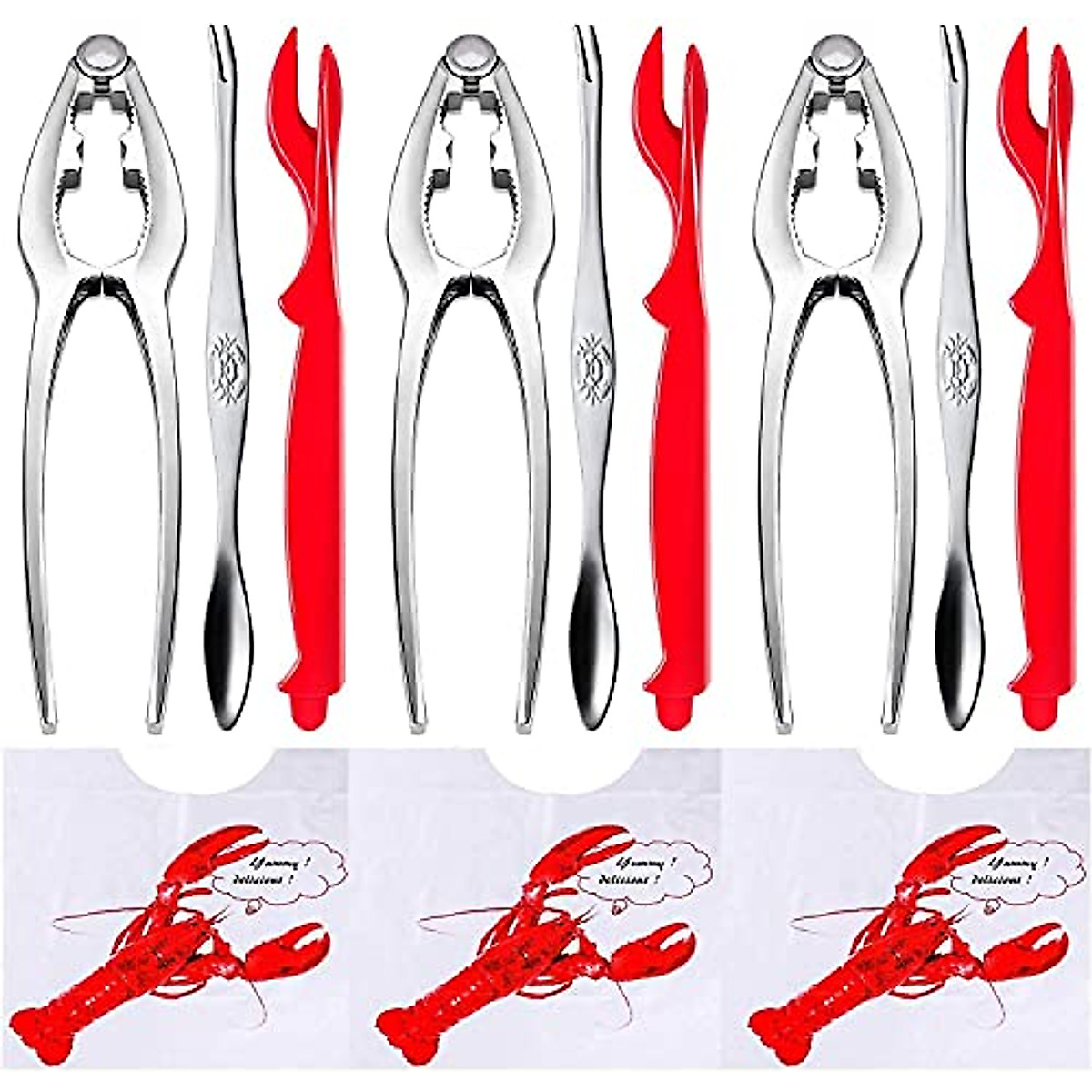 YGAOHF Crab Crackers and Tools, 12 Pcs Professional Seafood Tools Set includes 3 Crab Crackers, 3 Lobster Shellers, 3 Crab Leg Forks/Picks, 3 Disposable Lobster Bibs and Storage Bag, Dishwasher Safe