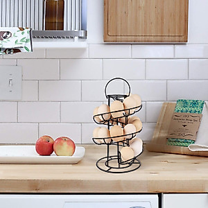 WUHOSTAM Modern Spiraling Design Egg Skelter,Double Stable Base Egg Dispenser Rack,Egg Storage Holder for Raw/Soft Hard Boiled Egg,Black(With Stainless Steel Egg Opener)