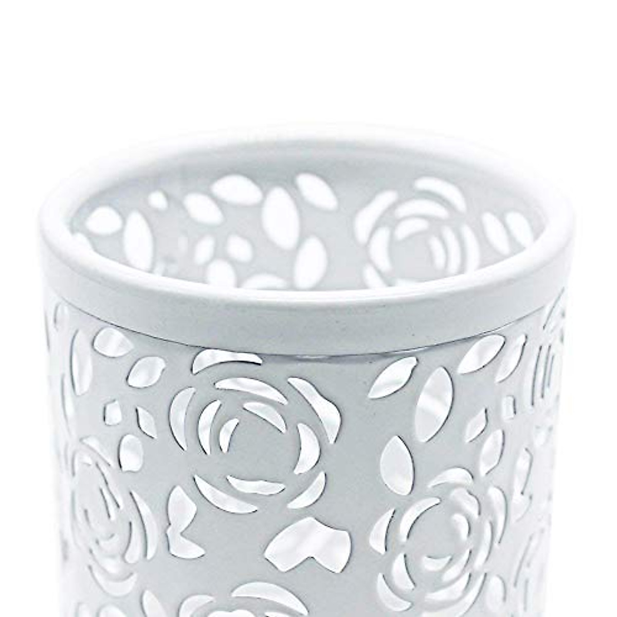 Ciaoed Metal Pencil Pot Holder, Rose Flower Pattern Make Up Brush Cup, Pen Cylinder Container for Desk, White