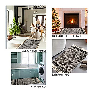 famibay Cotton Boho Rug 2x3+2x4.2Ft Black and Cream Diamond Symmetry Kilim Printed Woven Area Throw Rug with Tassels Accent Small Boho Rug for Entryway Laundry Bedroom Dorm