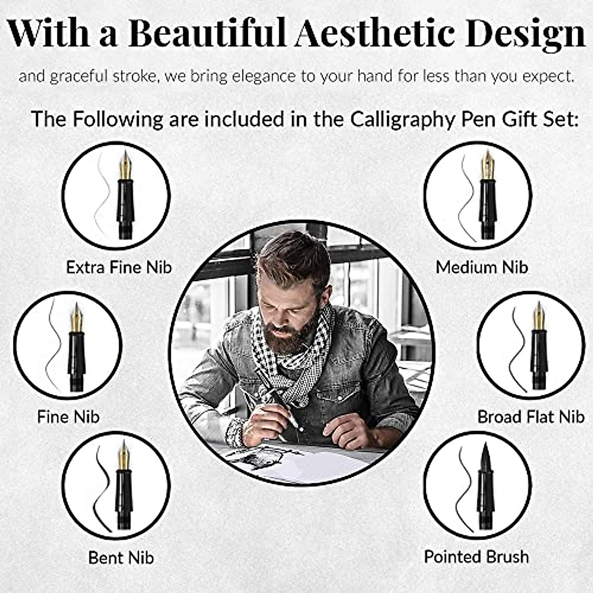 Wordsworth & Black Calligraphy Pen Gift Set, Includes Ink Bottle, 6 Ink Cartridges, Ink Refill Converter, 6 Replacement Nibs, Premium Package, Journaling, Smooth Writing Pens [Black Gold]