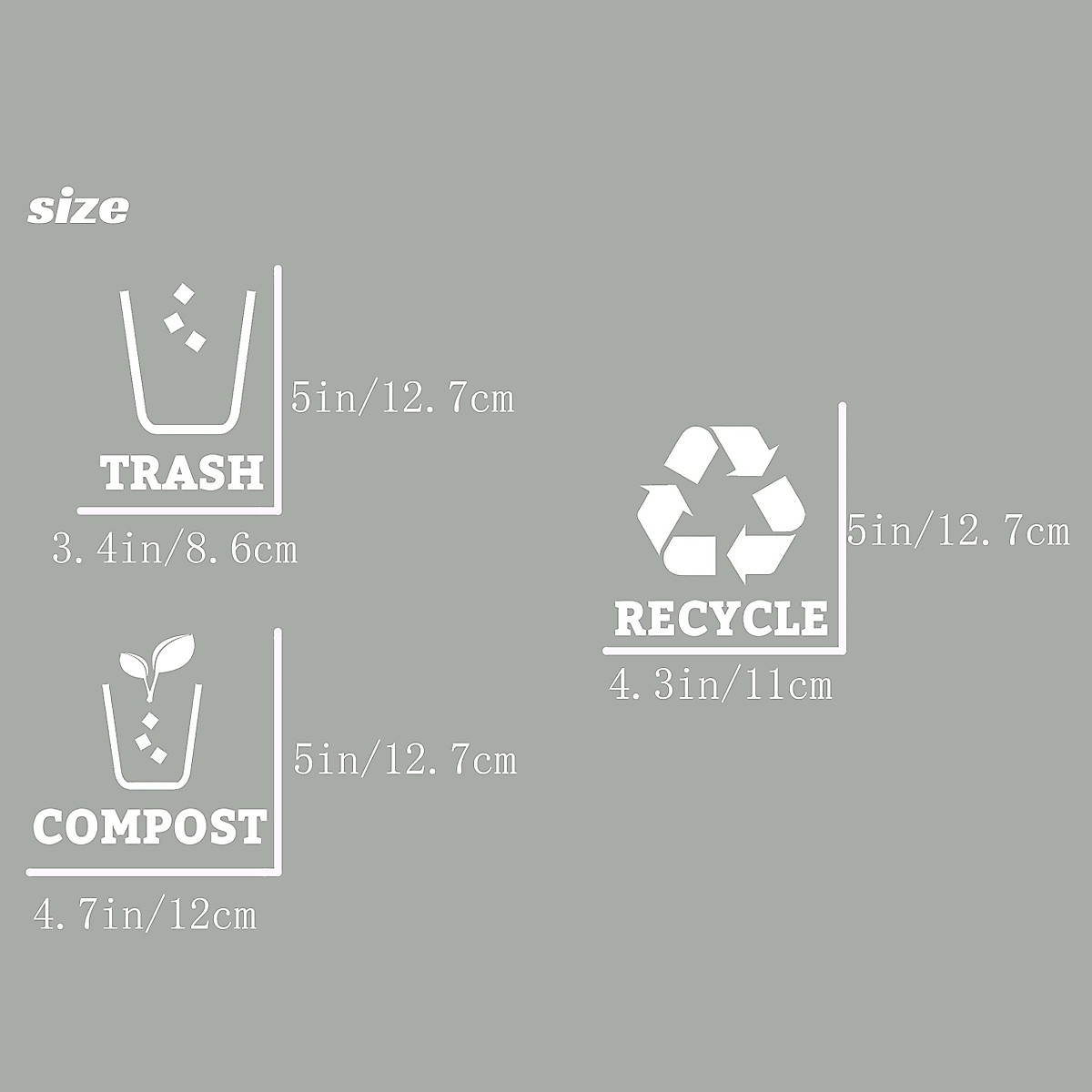 XTRAYXRAY Trash Recycle Compost Stickers Set of 3 Recycle Vinyl Decal Sticker for Trash Can, Compost Bin, Recycle Bin Symbol to Organize Garbage containers or Trash cans (White, 5 Inch)