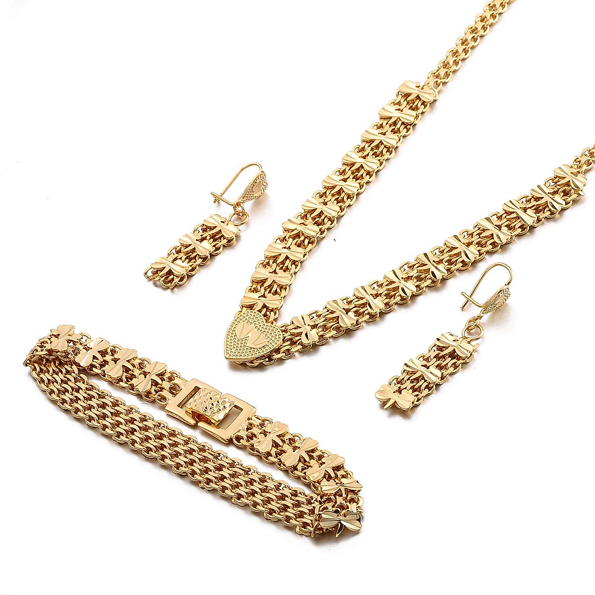 Dubai Bracelet Necklace Earring Double Heart Design Gold Jewelry Set